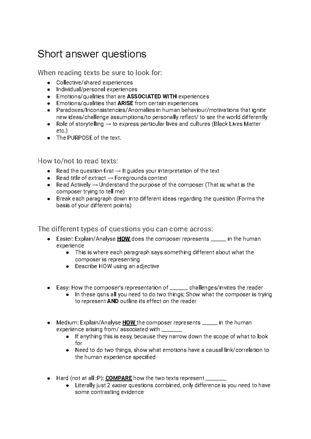 Short Answer Tips for Analyzing Texts: Human Experience Insights - Studocu
