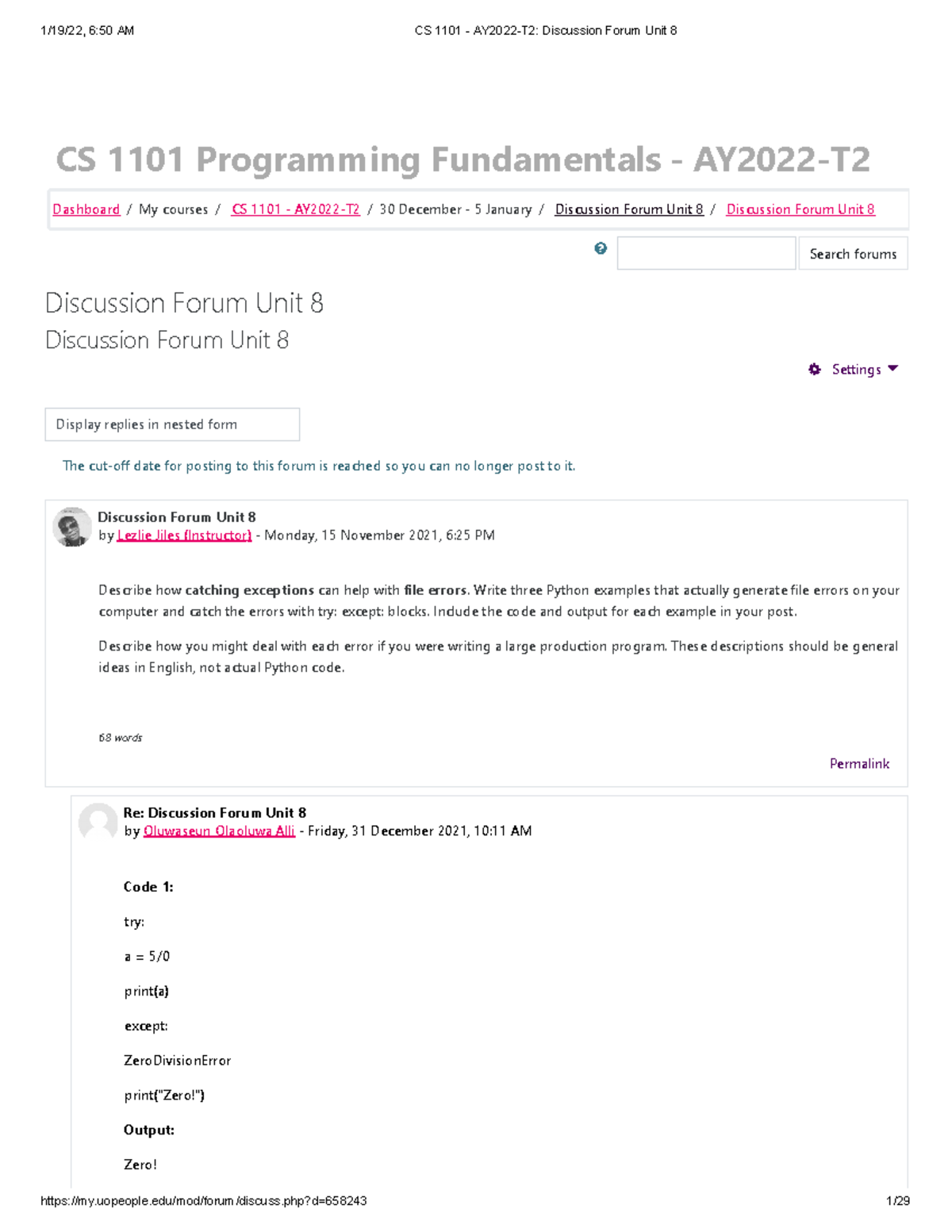 CS 1101 - AY2022-T2 Discussion Forum Unit 8 - CS 1101 Programming Fundamentals - AY2022-T ...