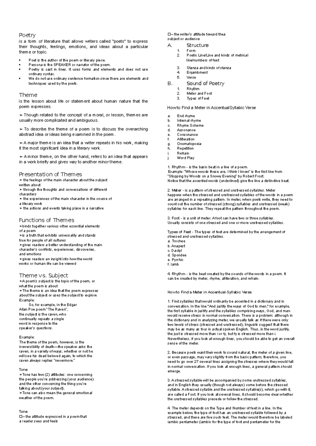 Creative Writing Reviewer: Themes and Elements of Poetry - Studocu