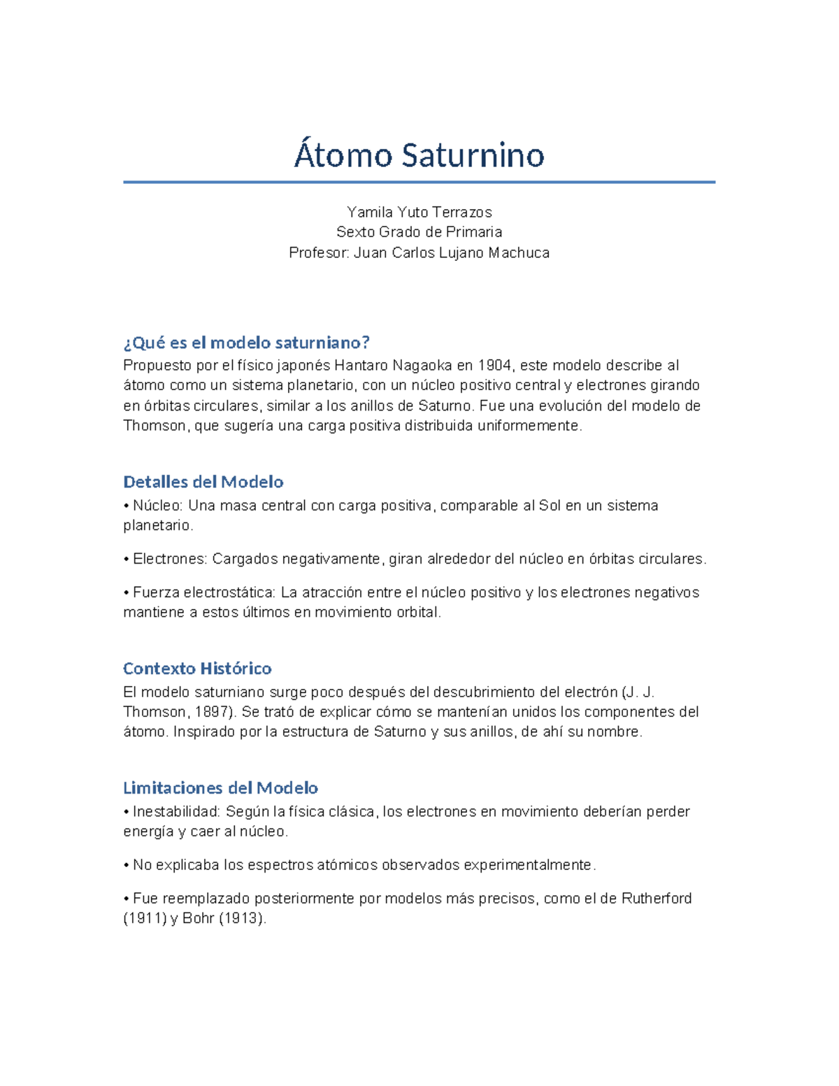 Tríptico sobre el Modelo Saturnino del Átomo - Sexto Grado - Studocu