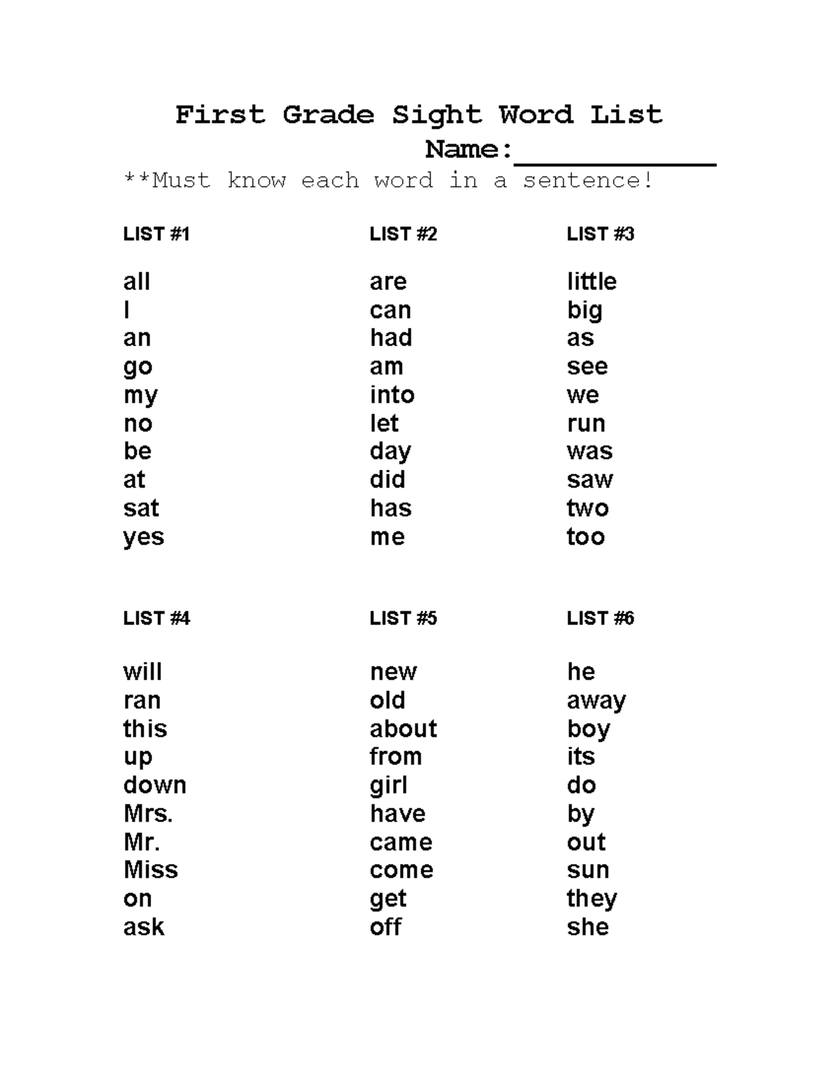 1st Grade Sight Word List: Mastering Essential Words for Success! - Studocu