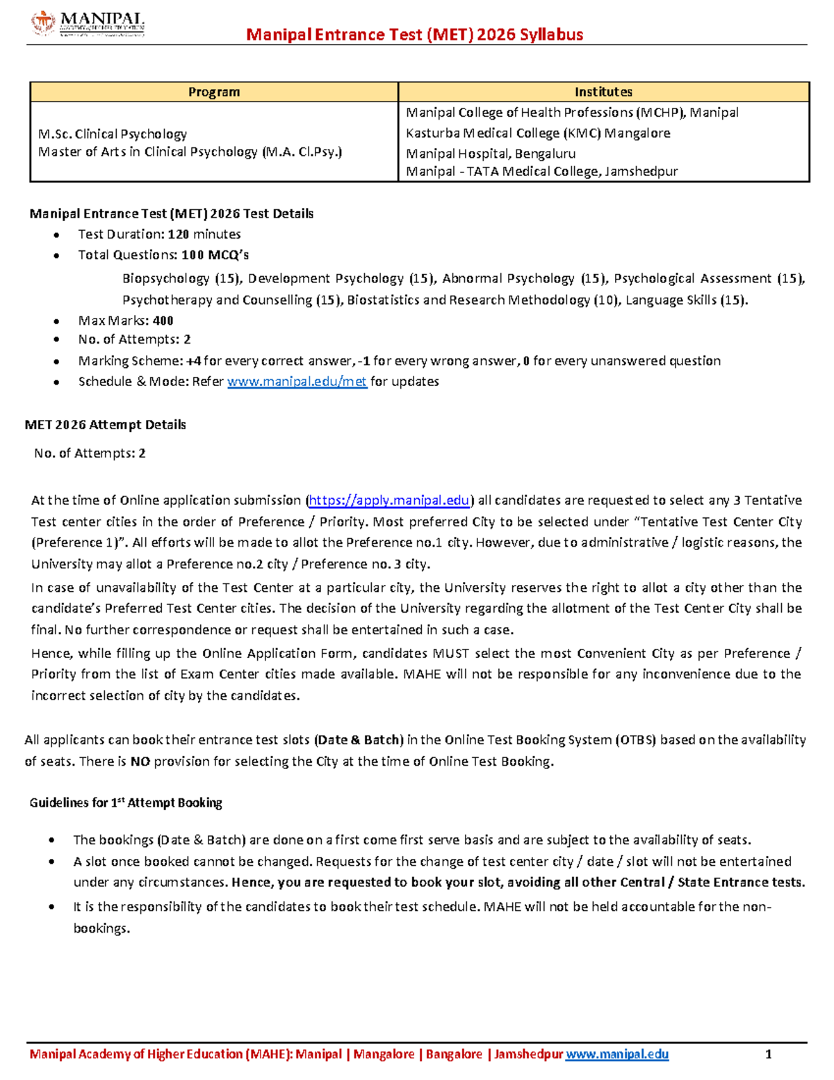 MET 2026 Syllabus for M.Sc. & M.A. in Clinical Psychology - Studocu