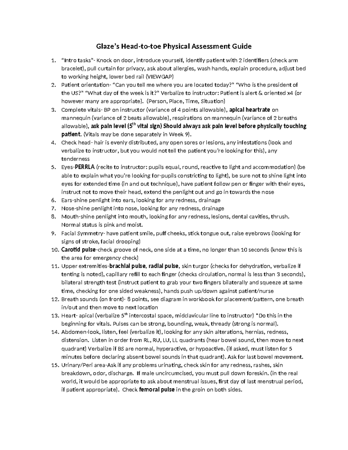 Physical Assessment Guide: Glaze Method (NURS 101) - Studocu