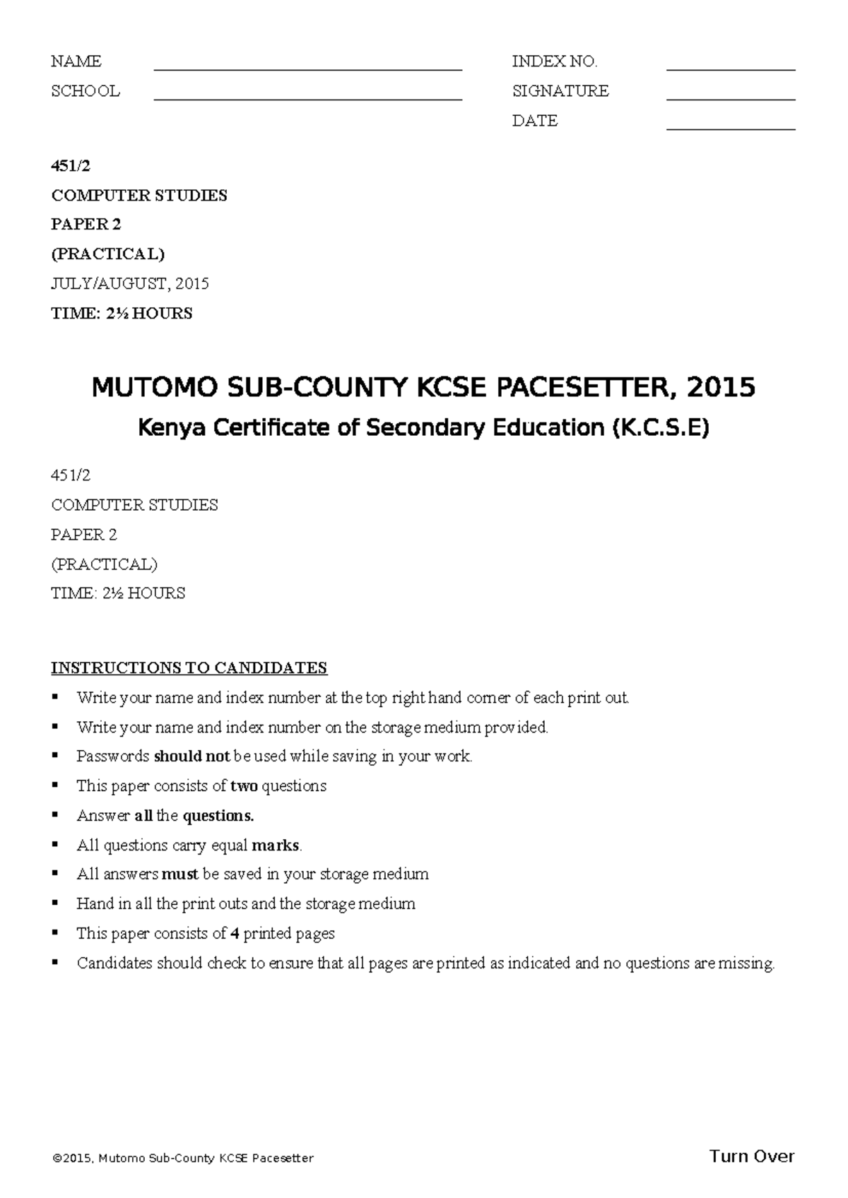 COMP 2015 KCSE Computer Studies Paper 2 Practical Assignment Guide ...