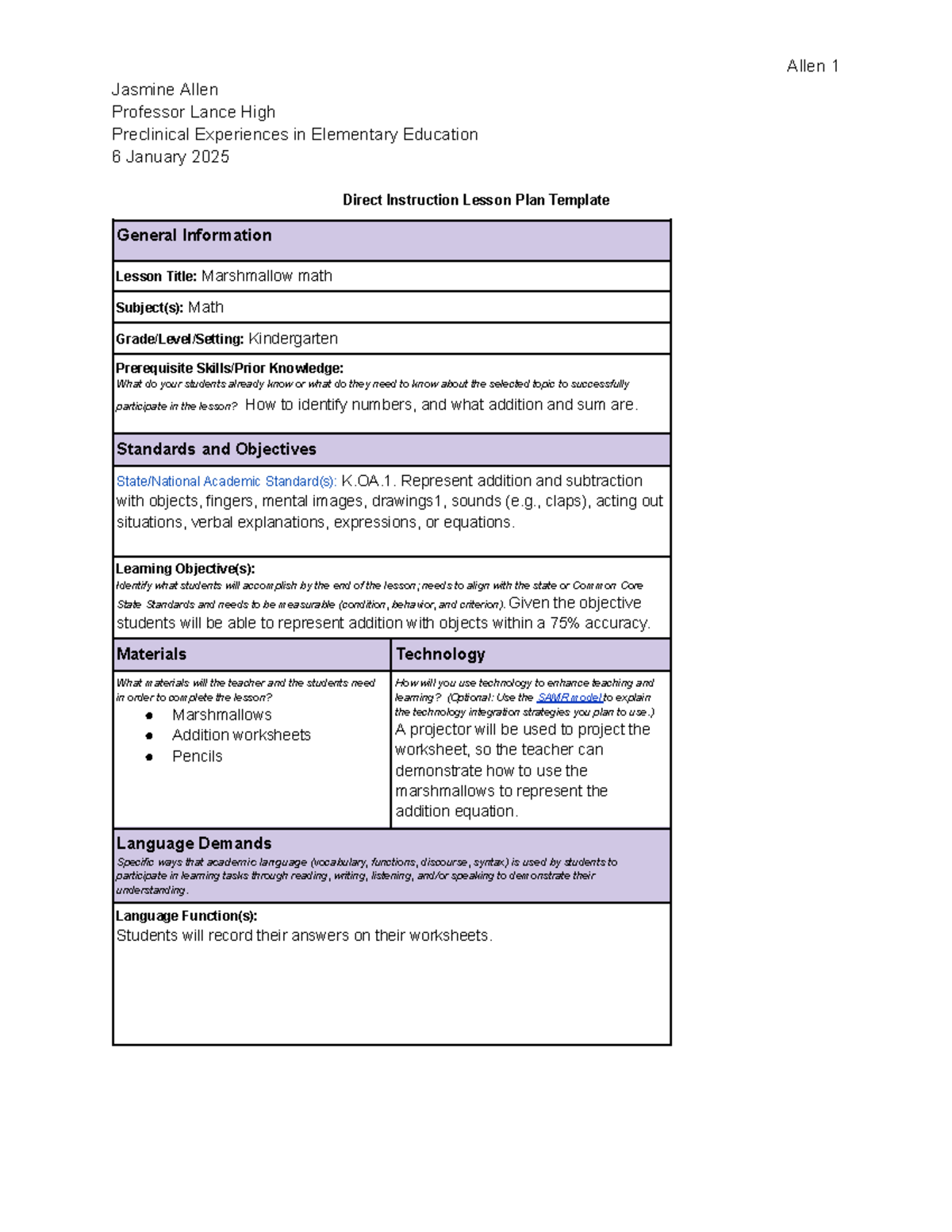 Marshmallow Math: A PCE Kindergarten Lesson Plan for Addition - Studocu