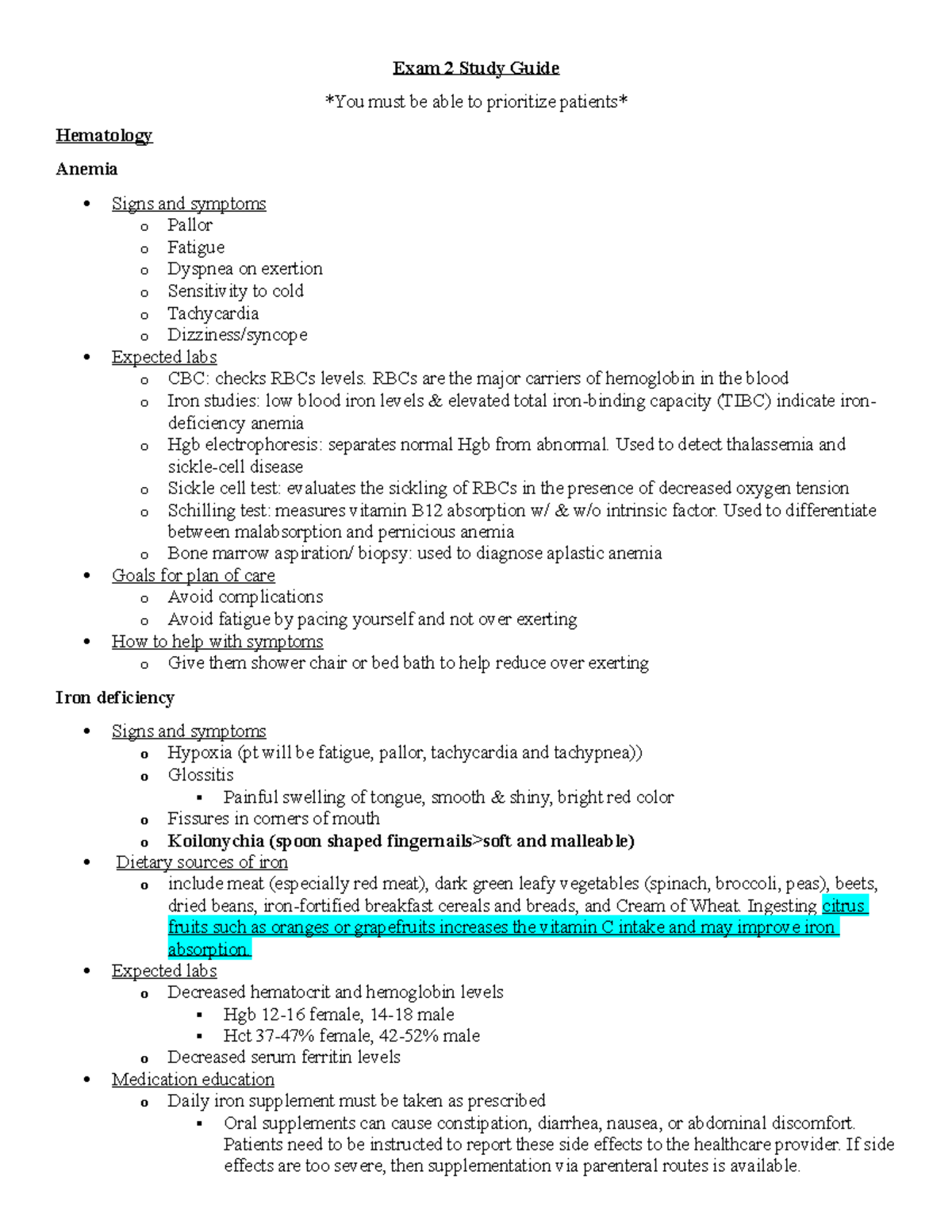 NUR425 Exam 2 Study Guide - Exam 2 Study Guide You must be able to ...