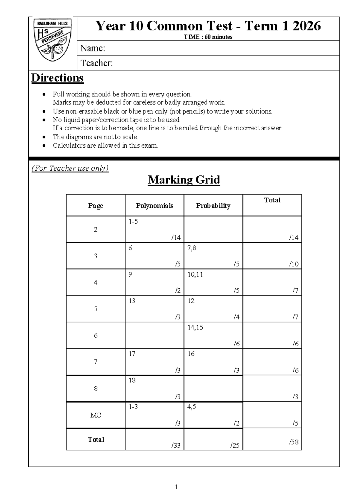 Year 10 T1 2026 Final Exam - Common Test Overview - Studocu