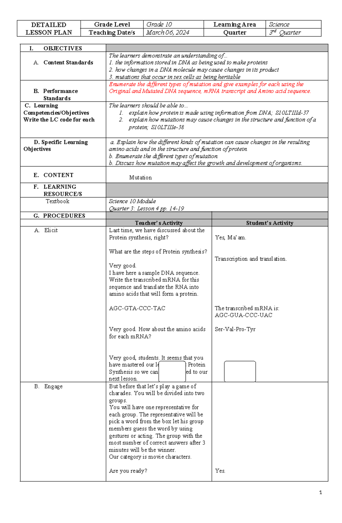 LP-Mutations COT - Gene Mutations Lesson Plan for Science 10 - Studocu