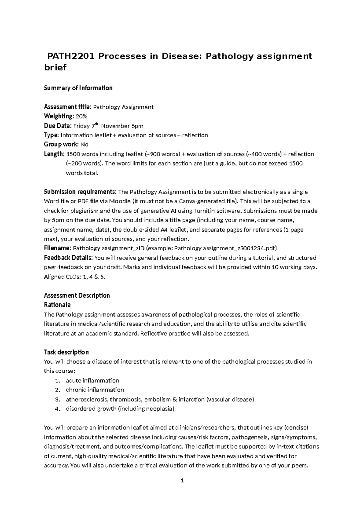 PATH2201 Pathology Assignment: Information Leaflet & Evaluation Guide ...