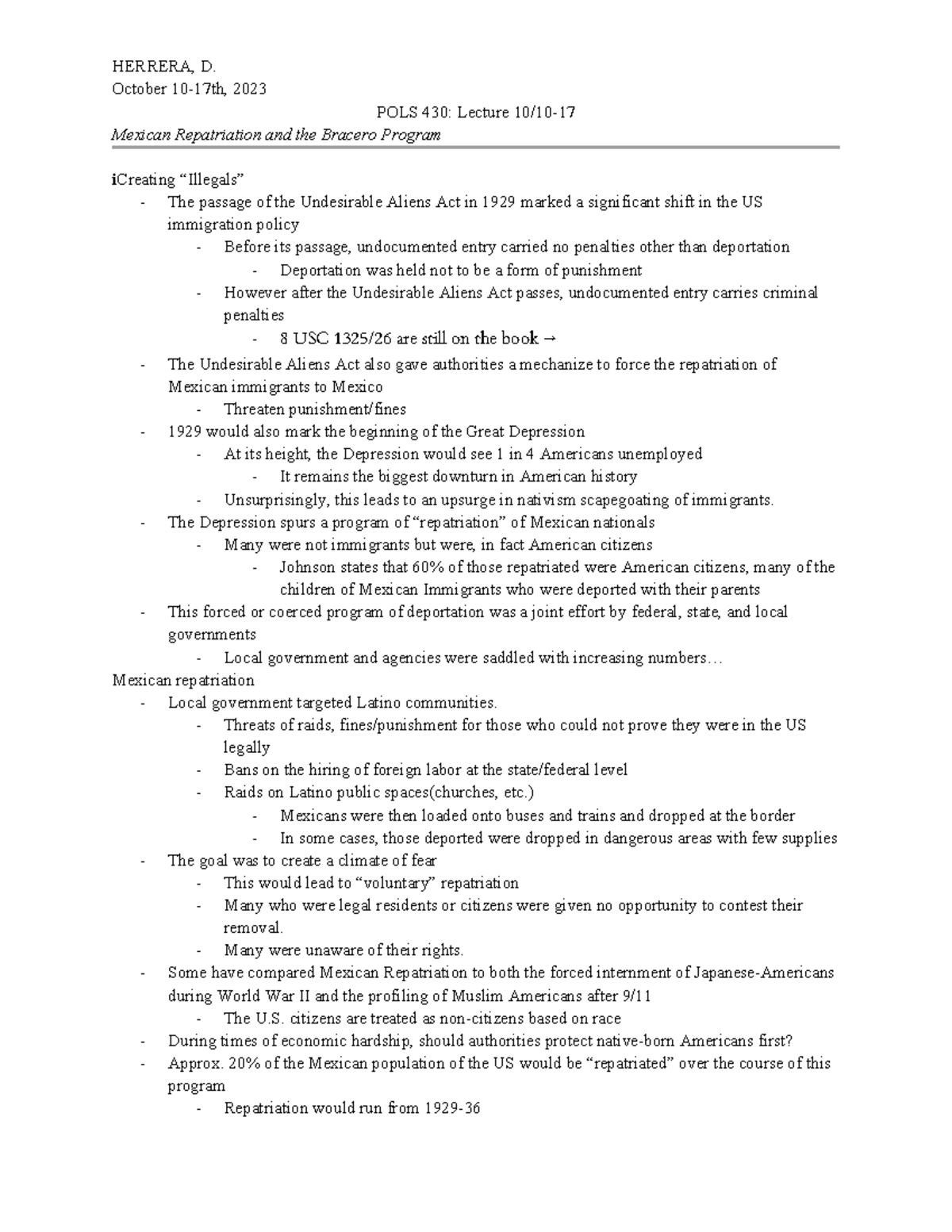 POLS 430 Lecture 10: Mexican Repatriation & Bracero Program Insights ...