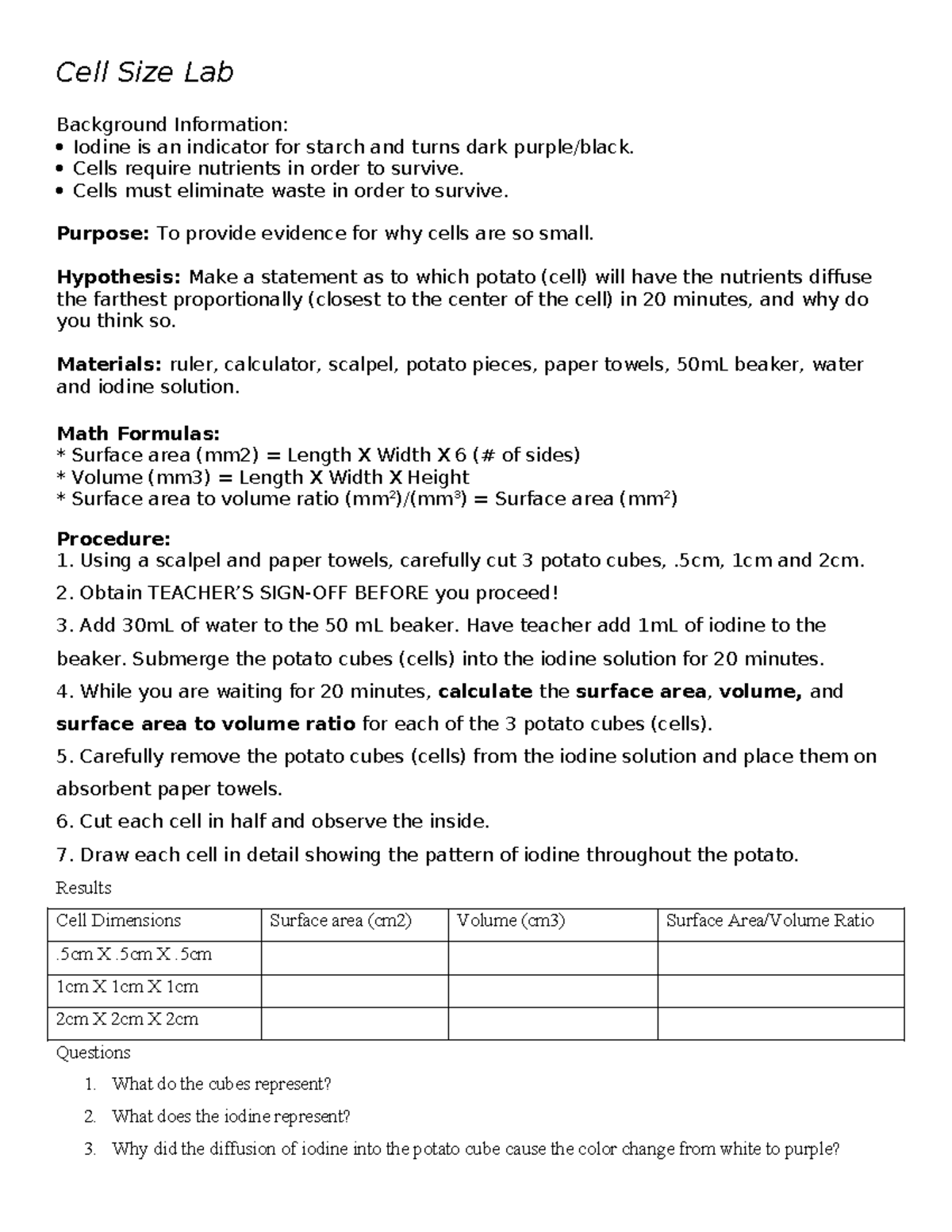 AP Biology Cell Size Lab: Investigating Diffusion in Potato Cells - Studocu
