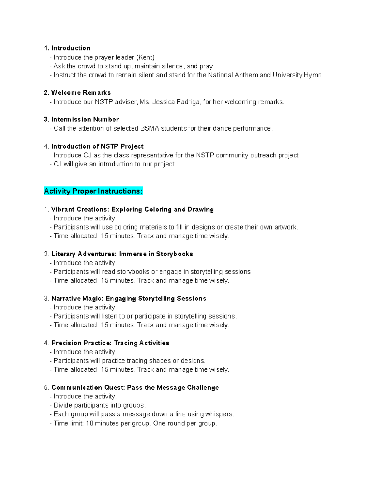 NSTP Program Flow Outline for Community Outreach Activities - Studocu