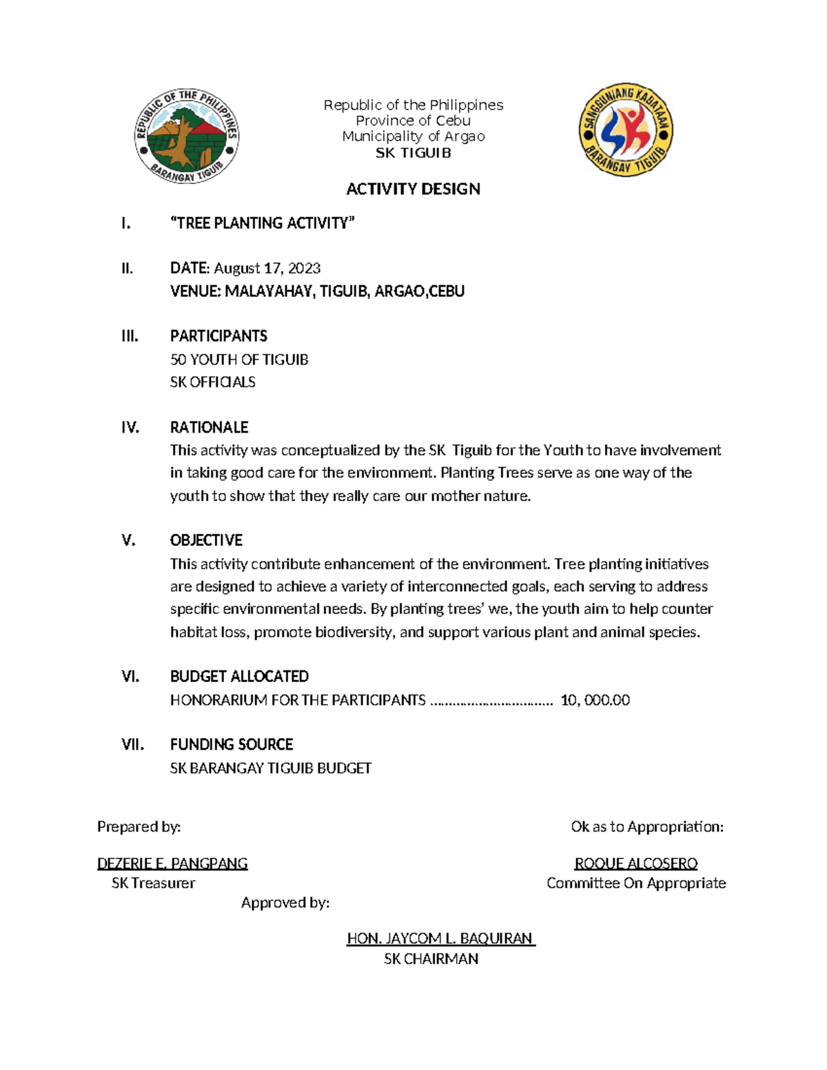 Activity Design for Tree Planting by SK Tiguib - Aug 17, 2023 - Studocu