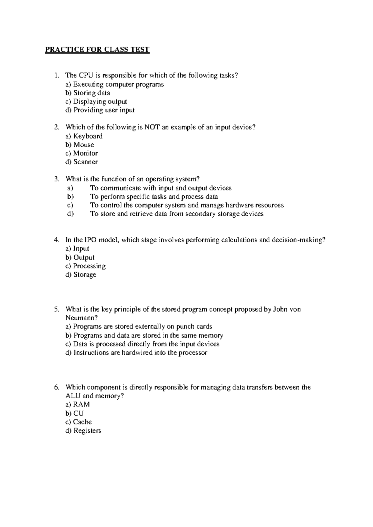 Practice For Classtest Sscc Practice For Class Test The Cpu Is Responsible For Which Of The