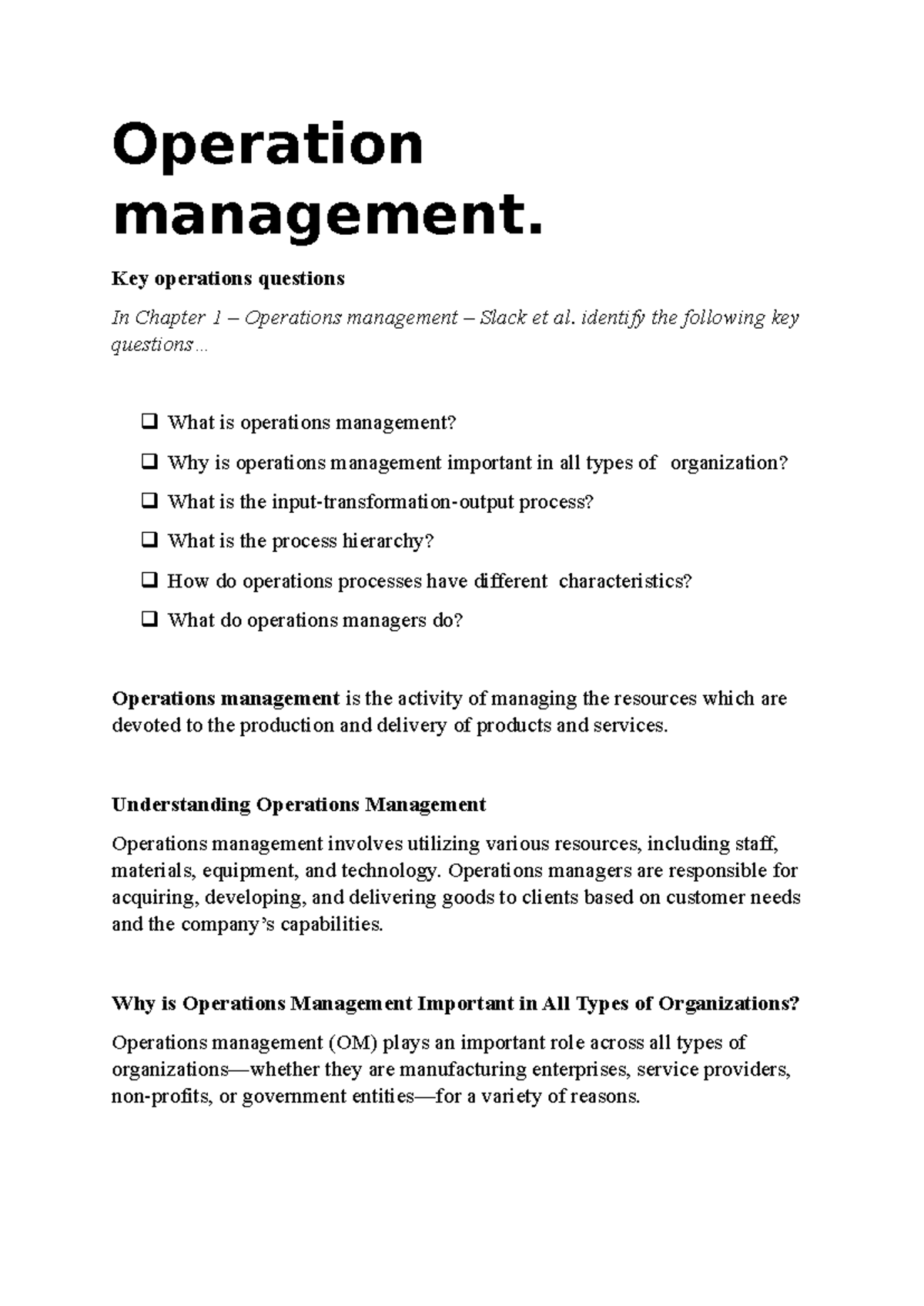 Operation management - Key operations questions In Chapter 1 ...