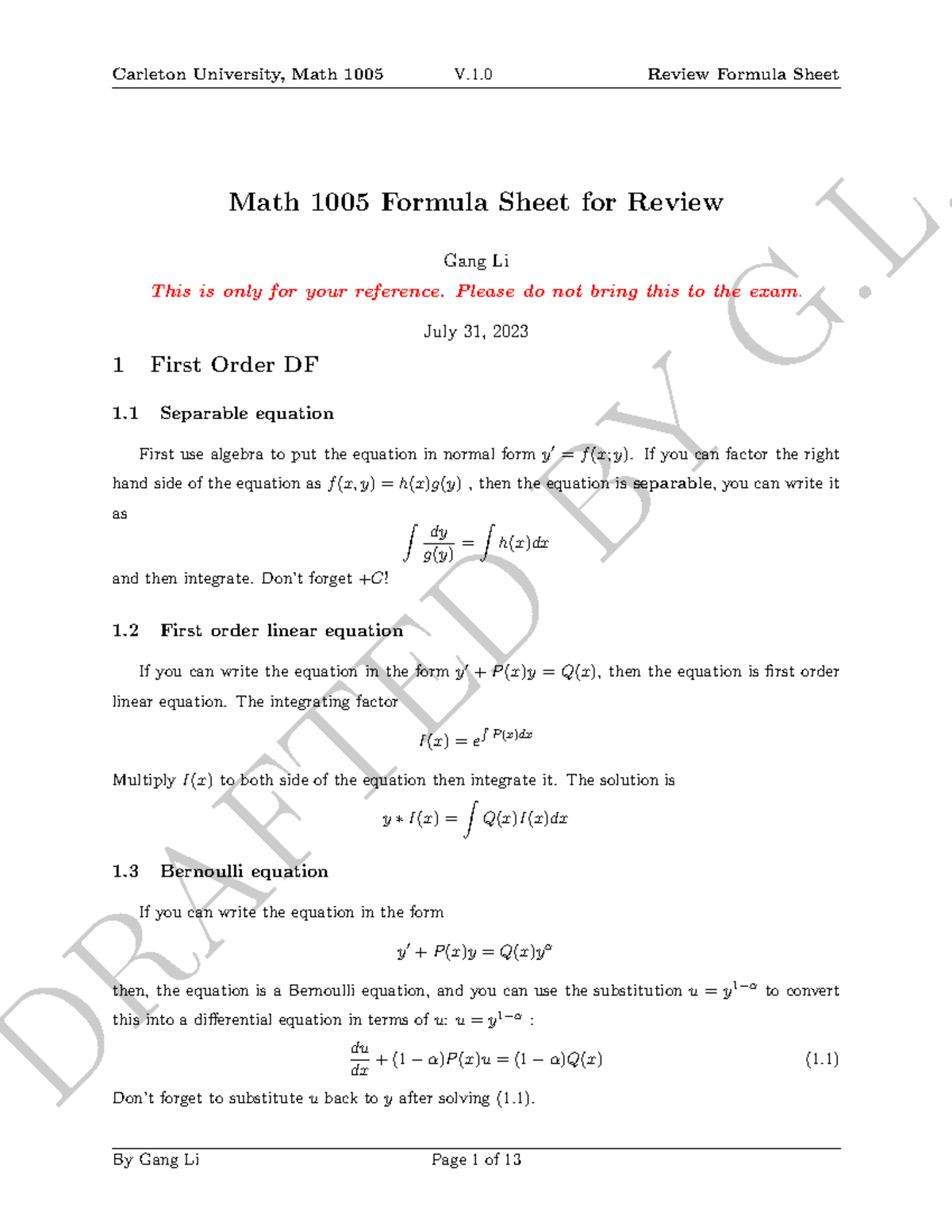 Math 1005 Final Exam Formula Sheet for Review by Gang Li - Studocu