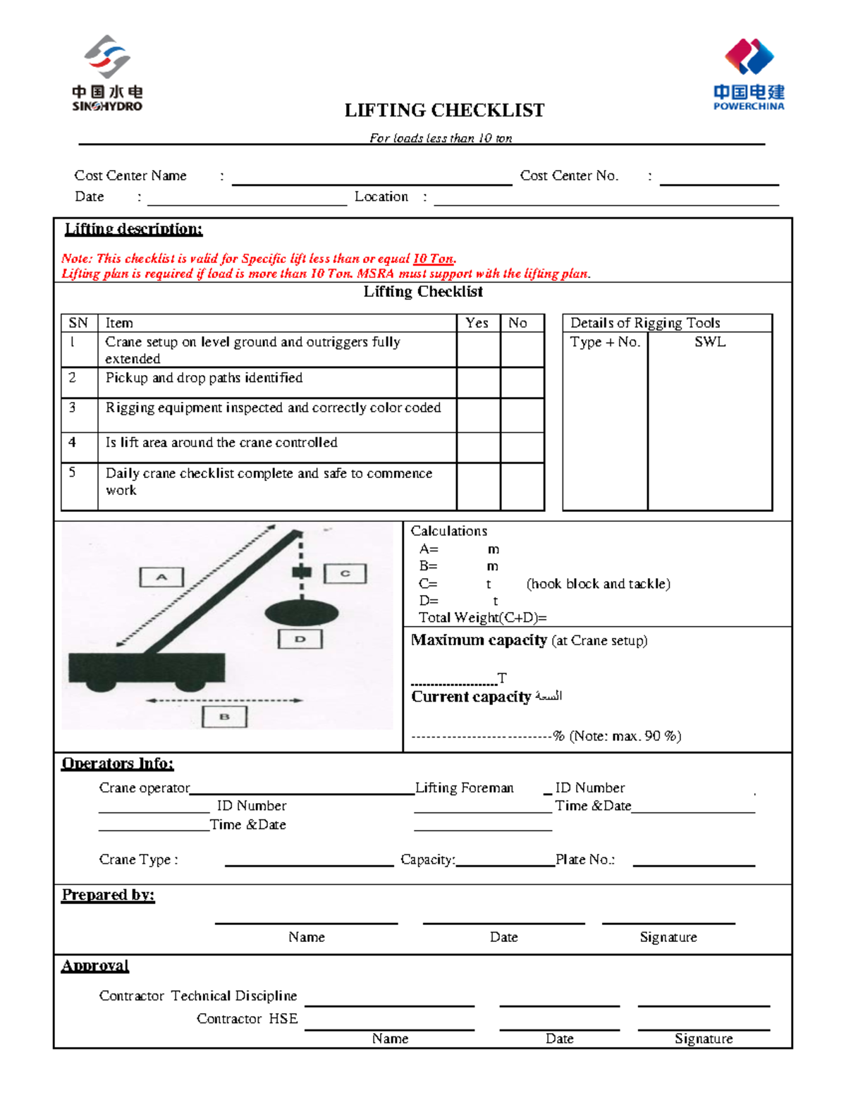 Lifting Checklist - HSE forms - LIFTING CHECKLIST For loads less than ...