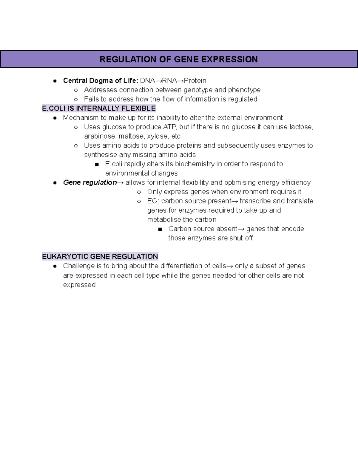 GTS 251 Unit 7 - Gene Expression Regulation and E. coli Operons - Studocu