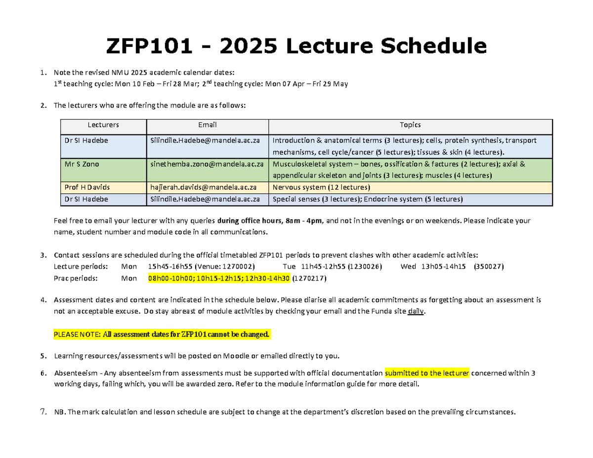 ZFP101 Lecture Schedule Revision - February 2025 - Studocu