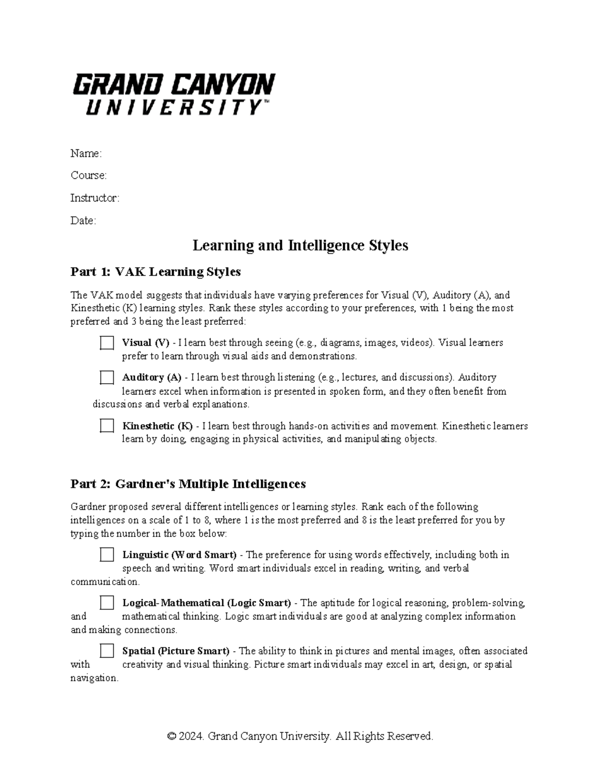 Learning and Intelligence Styles Reflection - GCU - Studocu
