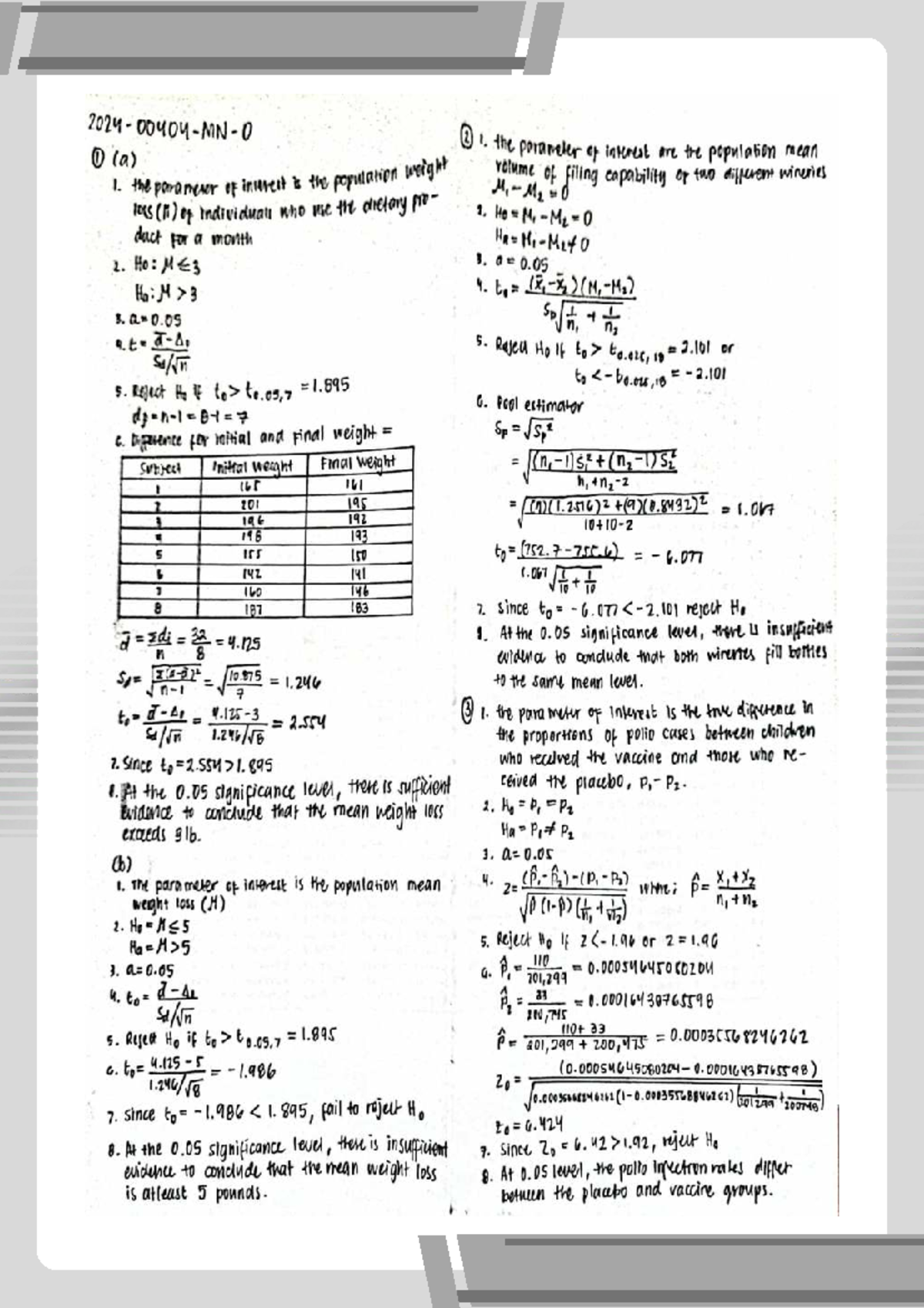 Statistics Problem Set: Population Means & Weight Loss Analysis (STAT ...