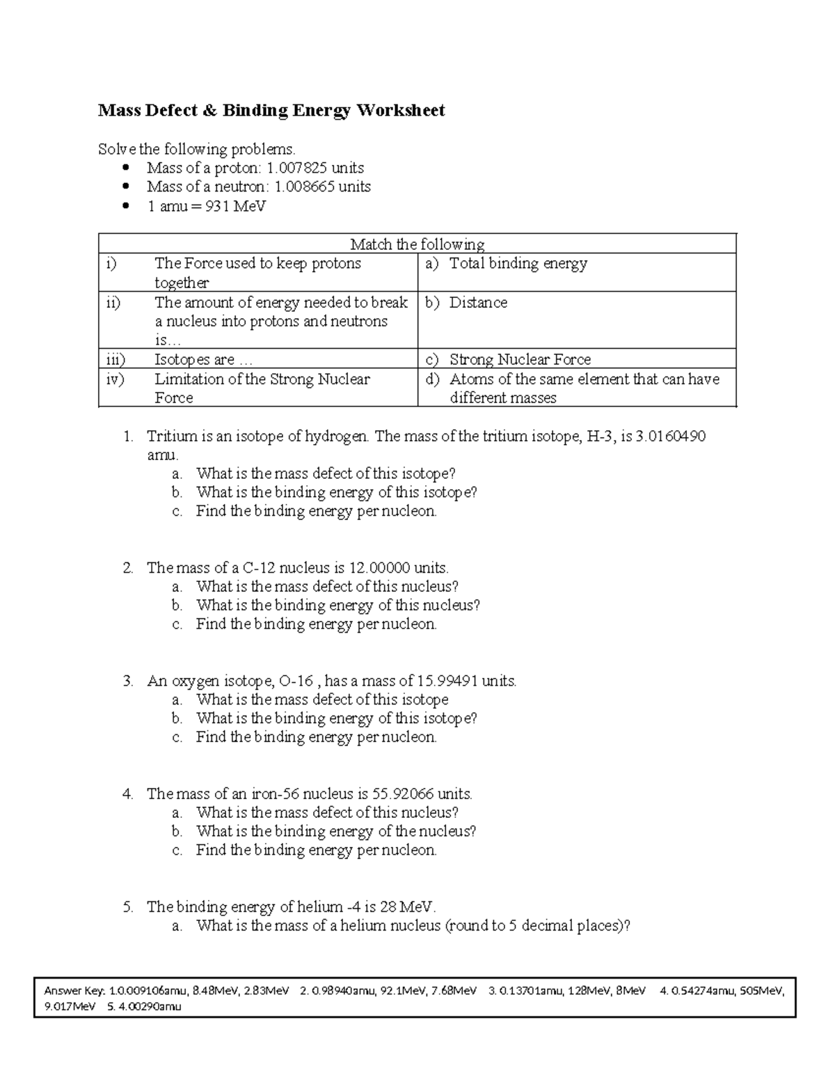 Mass Defect & Binding Energy Worksheet - Assignment 2024 - Studocu