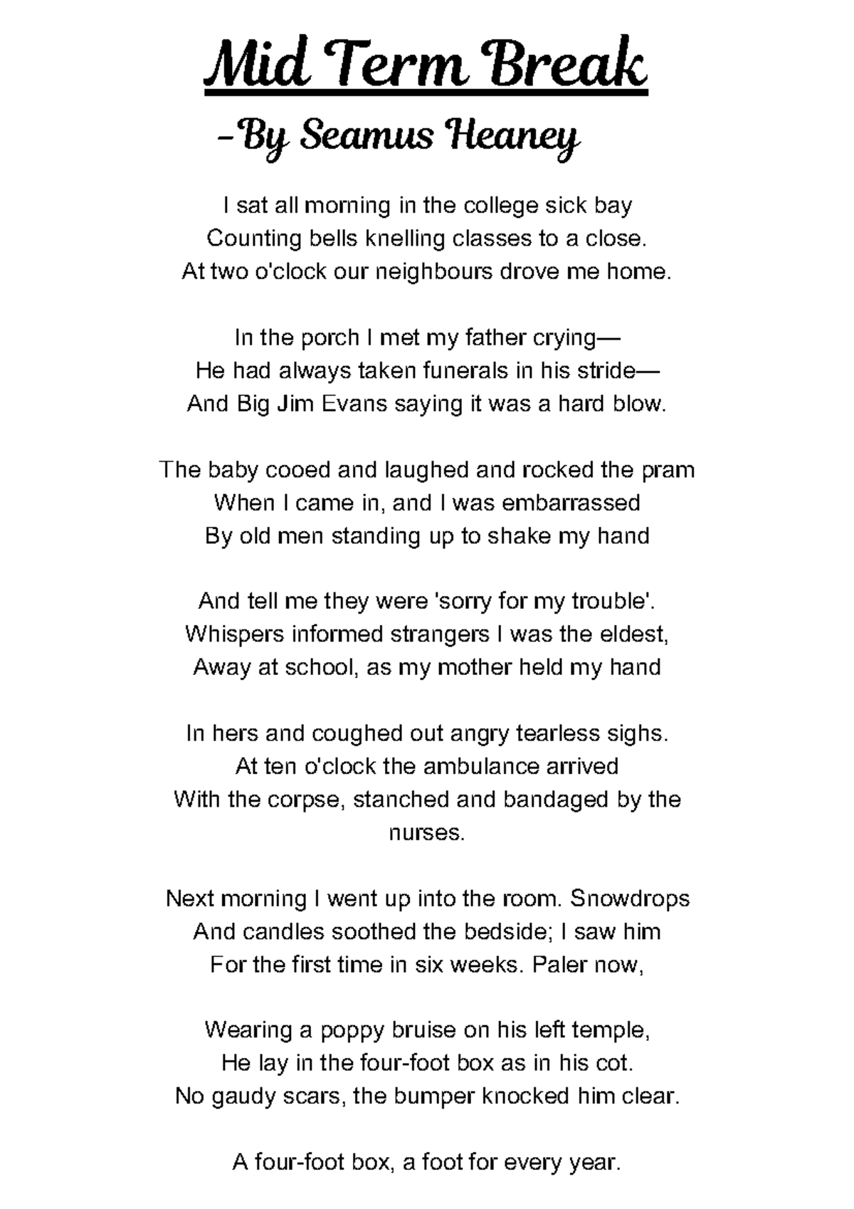 ENG 101 - Mid Term Break: Analysis of Seamus Heaney's Poem - Studocu