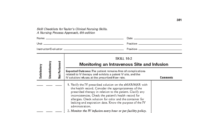 N226 Skill Checklists: Monitoring IV Site & Infusion Techniques - Studocu
