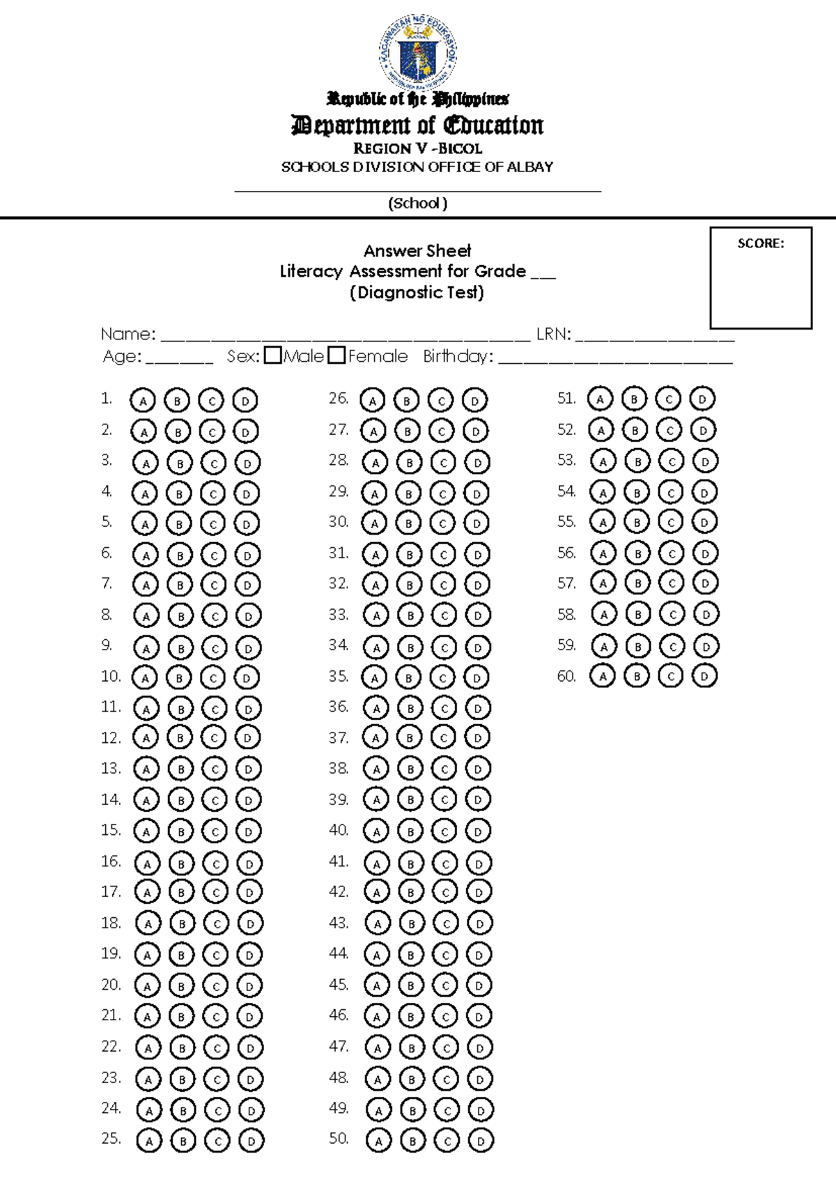 Grade 11-12 Literacy Assessment Answer Sheet - Studocu