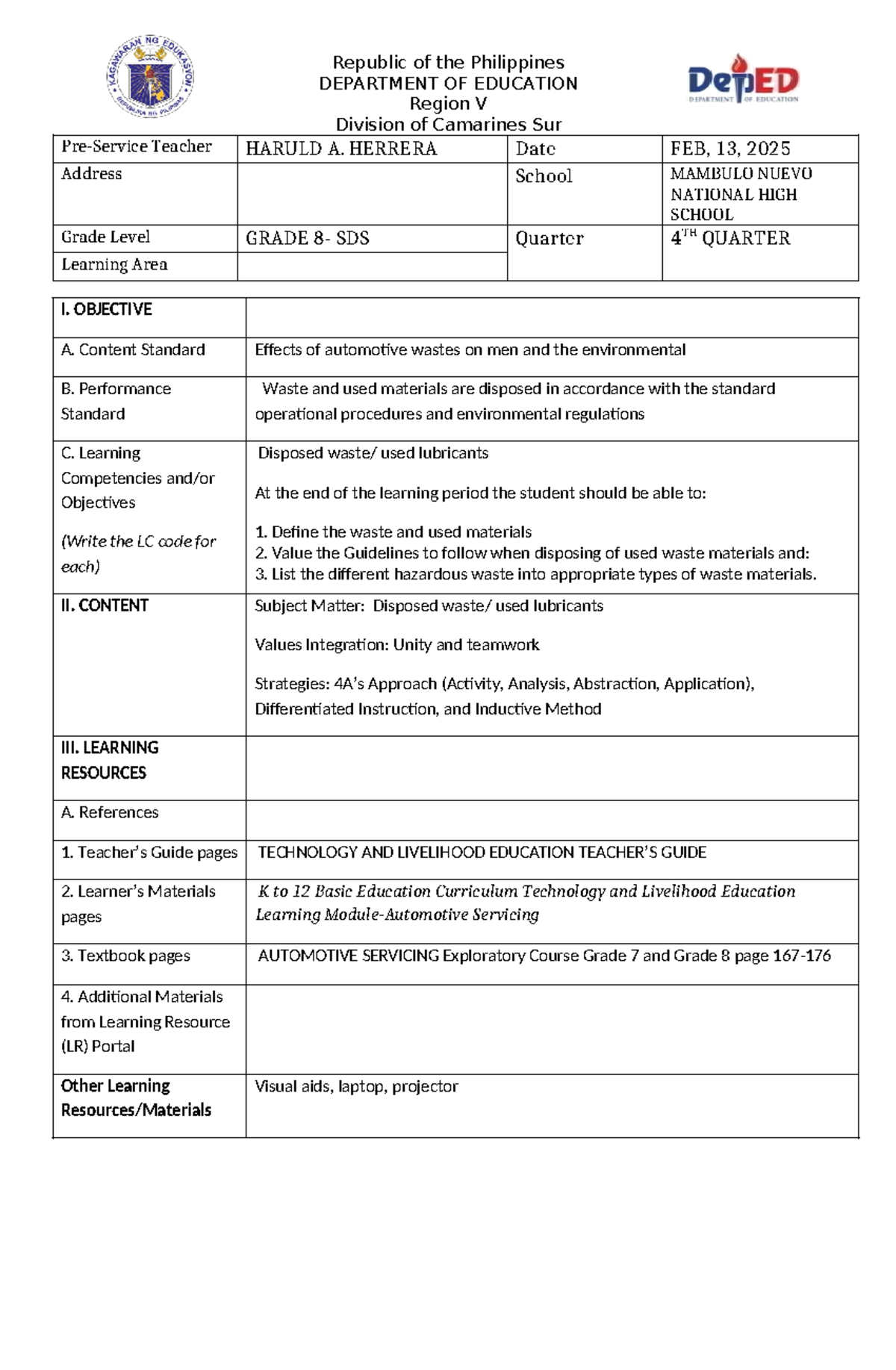 Co1 grade 8 SDS - Sample - Republic of the Philippines DEPARTMENT OF EDUCATION Region V Division ...