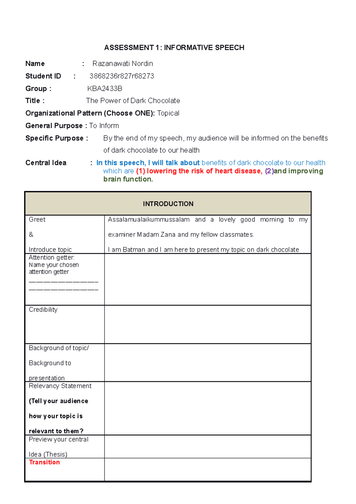 ELC590 Assessment 1 Informative Speech - ASSESSMENT 1: INFORMATIVE ...