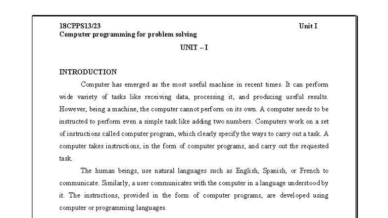 CPS 101: Computer Programming for Problem Solving - Unit I Notes - Studocu