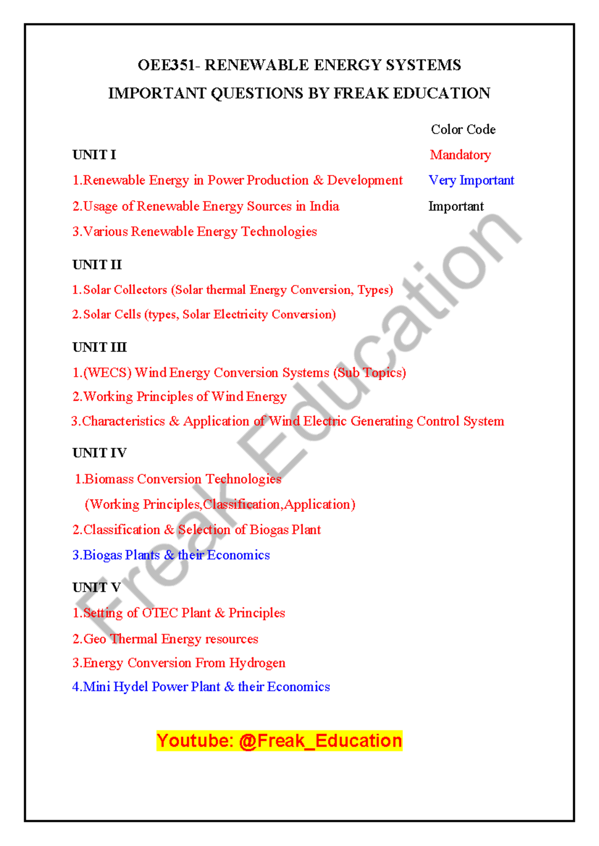 OEE351 - Important Questions on Renewable Energy Systems Overview - Studocu