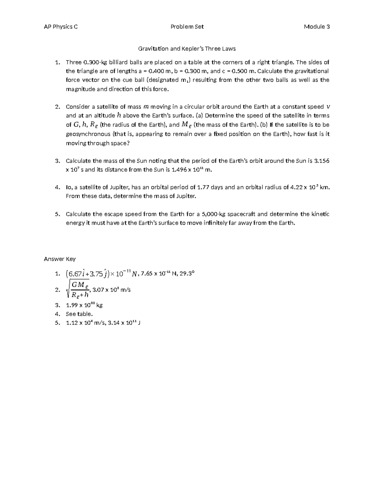 APPhysics Gravitation Problem Set - AP Physics C Problem Set Module 3 ...