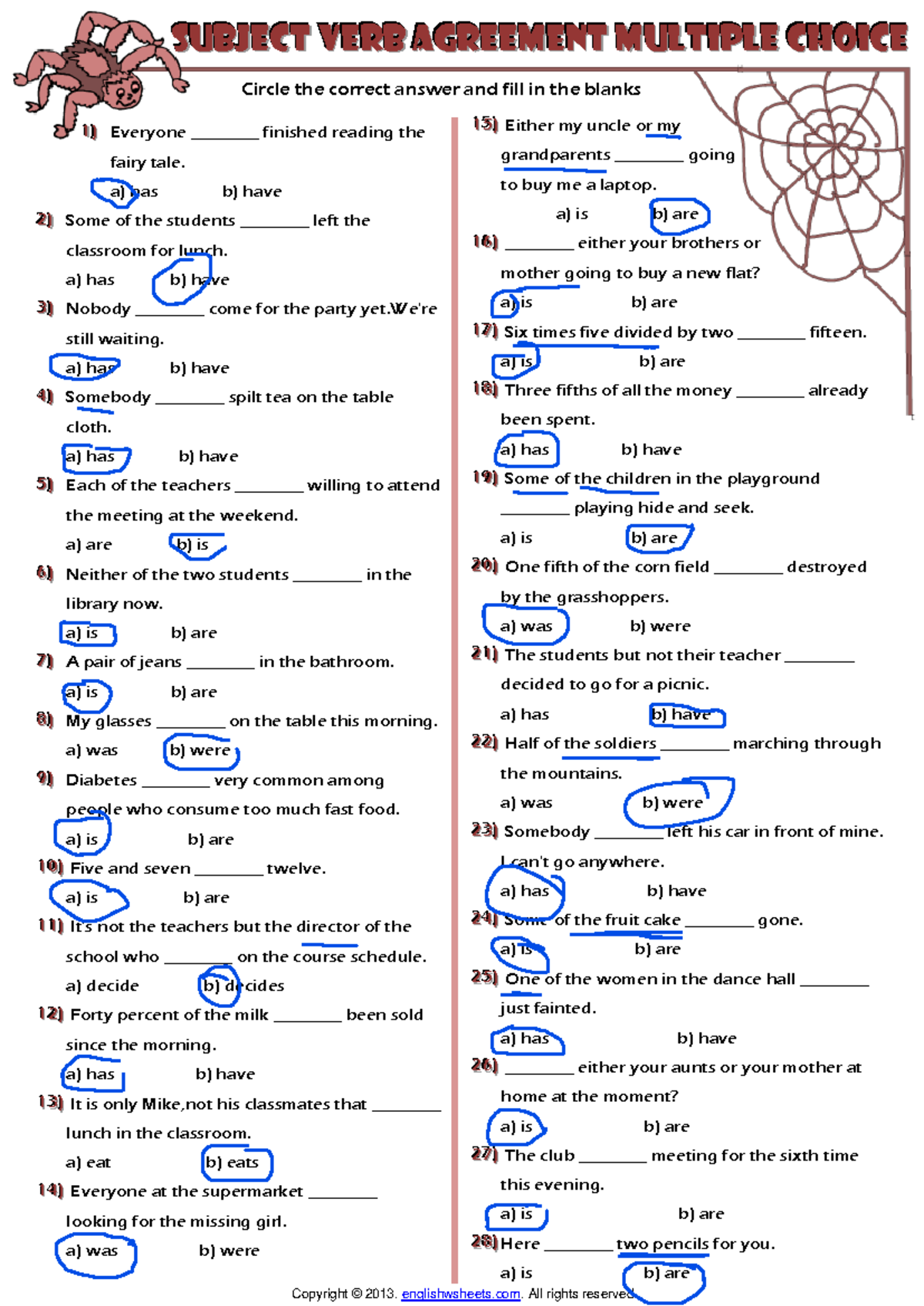 Subject verb agreement multiple choice exercises worksheet - S S SU U ...