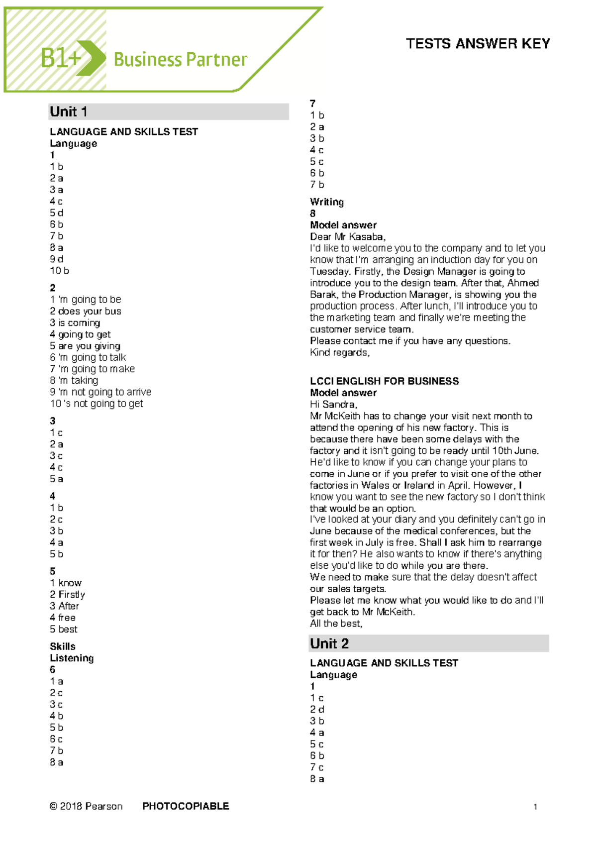 B1 LANGUAGE AND SKILLS TESTS ANSWER KEY - Studocu