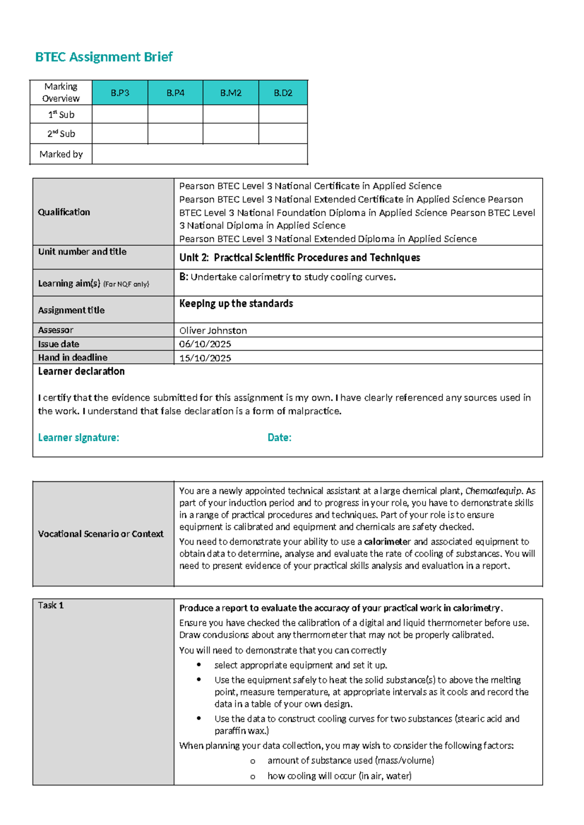 Unit 2B: Calorimetry Cooling Curves Assignment Overview B.P3 B.P4 B.M2 ...