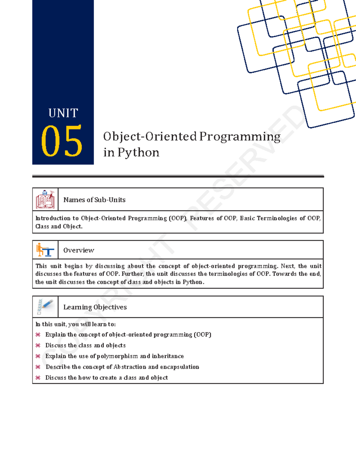 05 - Python Chapters - in Python Object-Oriented Programming Names of Sub-Units Introduction to ...