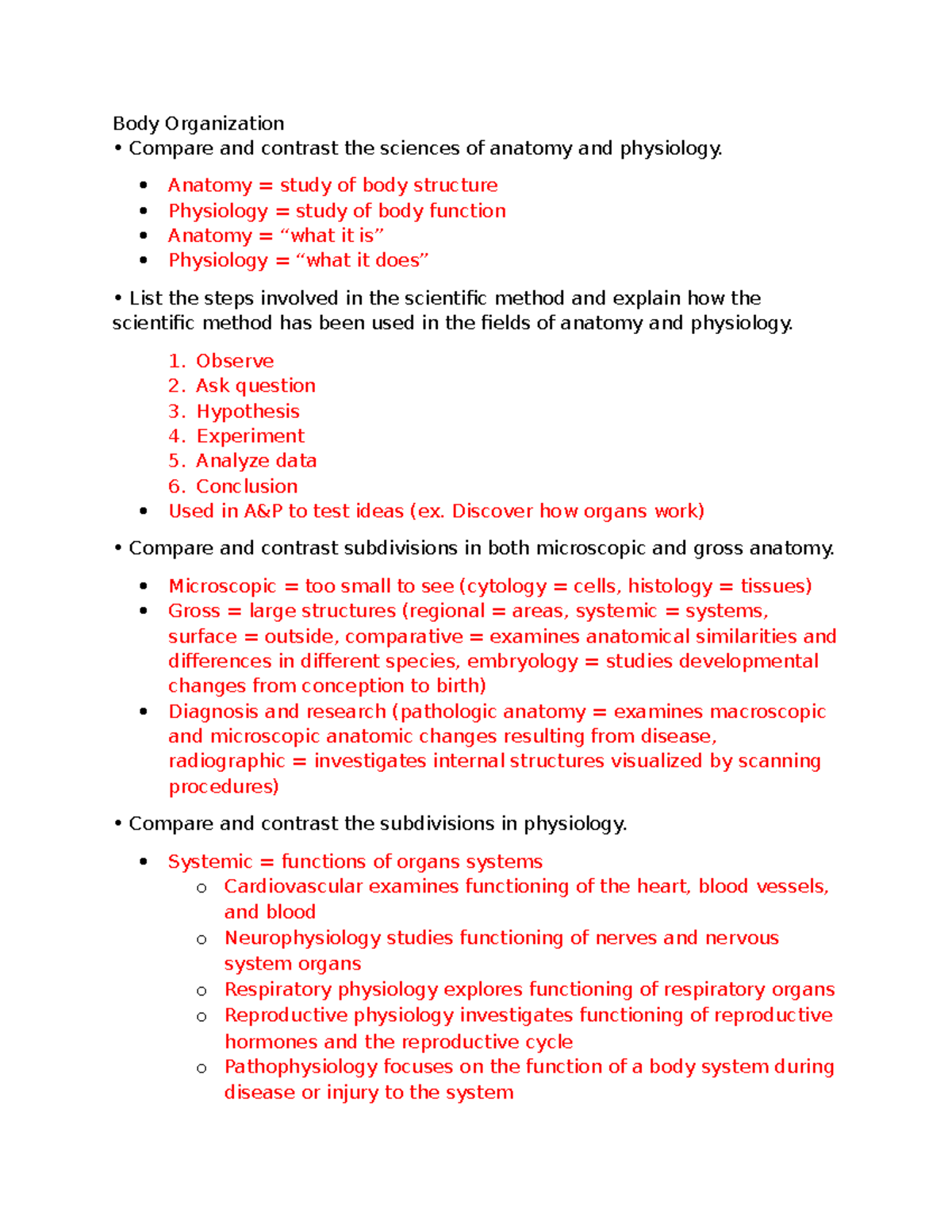 Anatomy 101: Exam 1 Study Guide on Body Organization and Function - Studocu