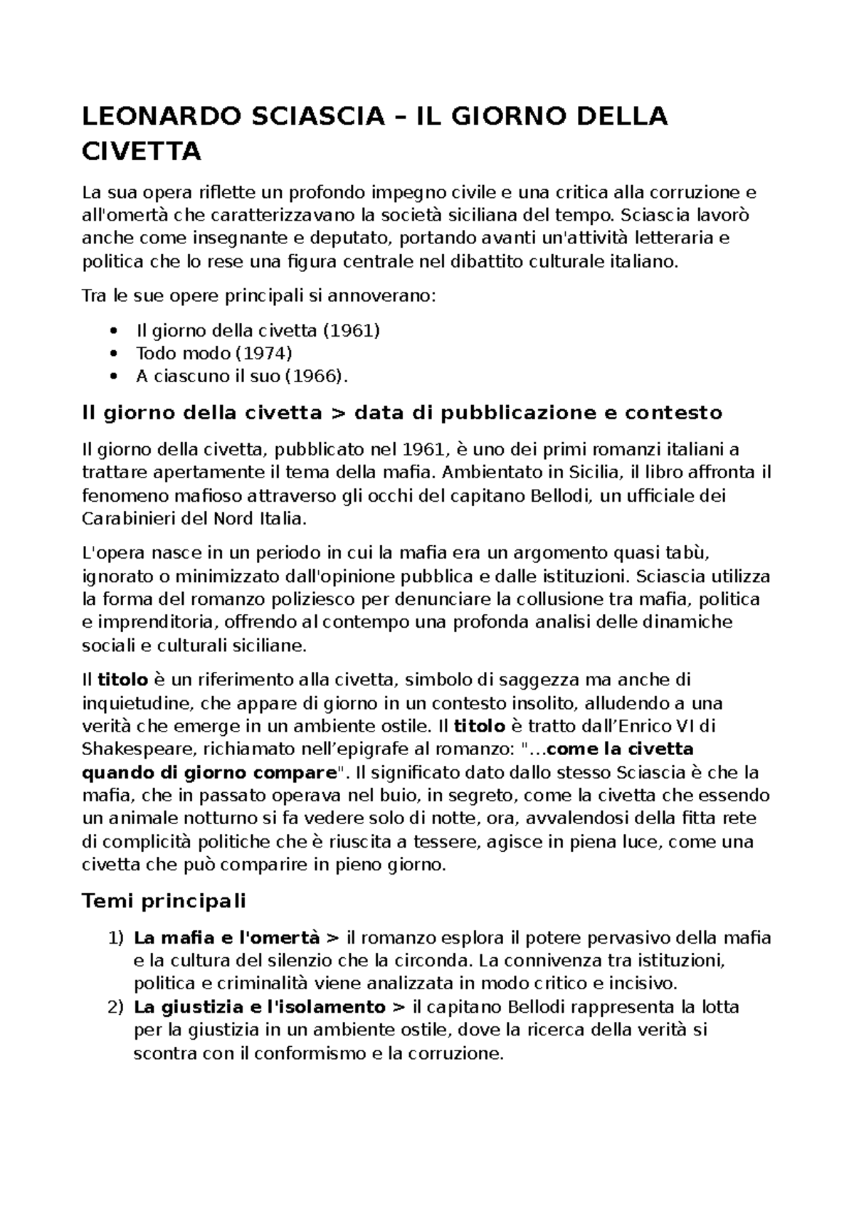 Sciascia: Analisi del Romanzo "Il Giorno della Civetta" (Corso di ...