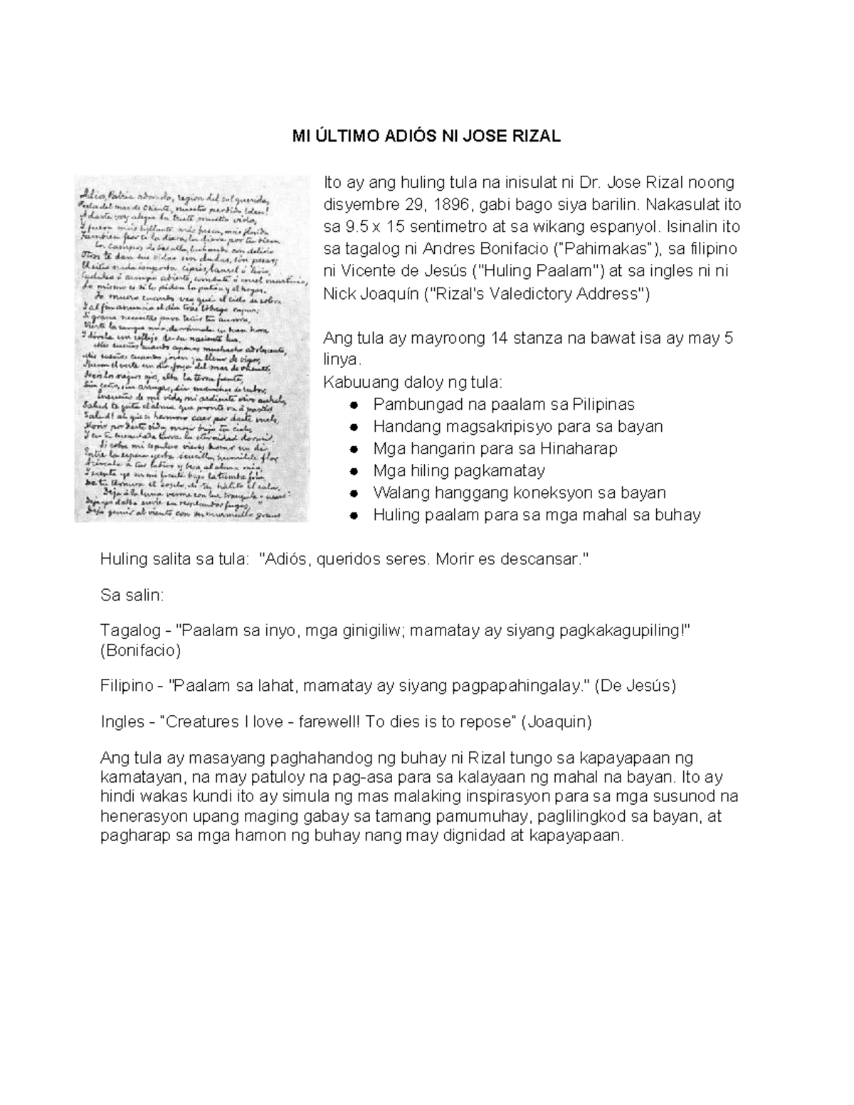 MI ÚLTIMO ADIÓS: Huling Tula ni Jose Rizal (B-C-Phili) - Studocu