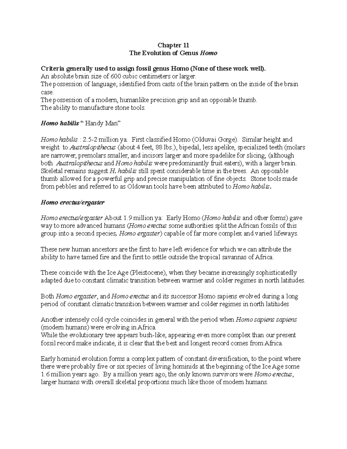 Chapter 11 Anthro Notes: Evolution of Genus Homo Overview - Studocu