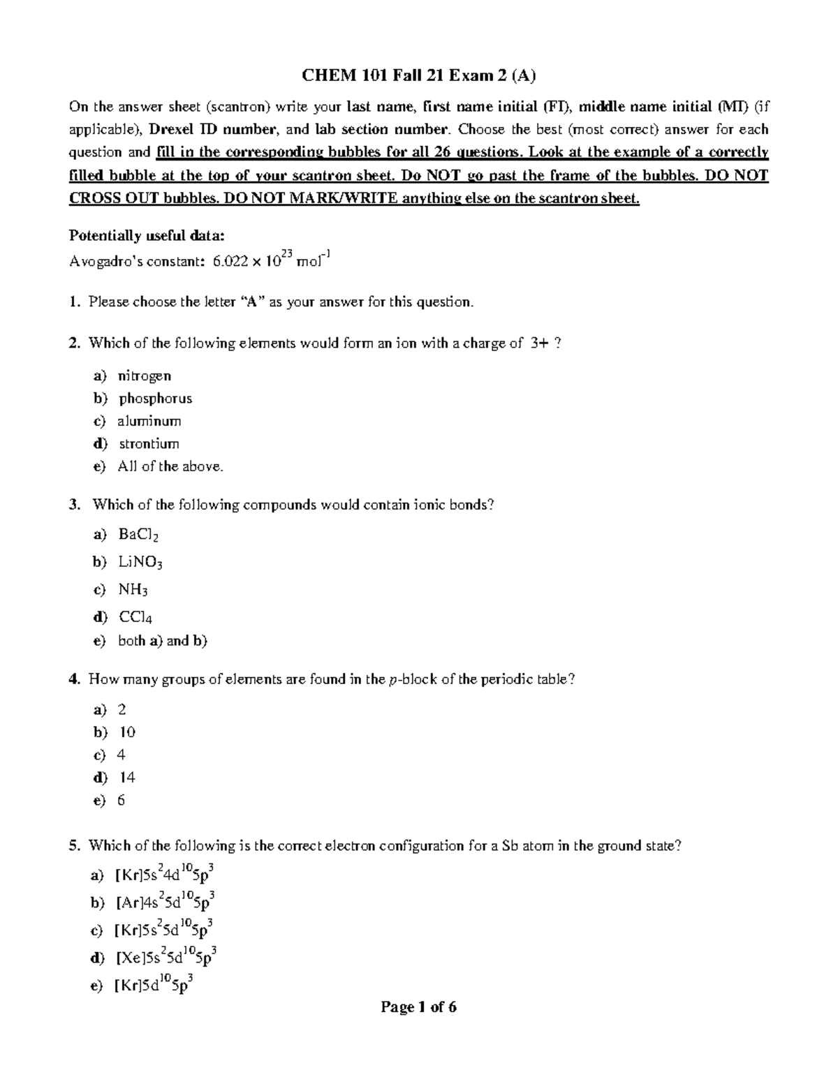 Chem 101 Exam II Fall 2021 - CHEM 101 Fall 21 Exam 2 (A) On the answer sheet (scantron) write ...