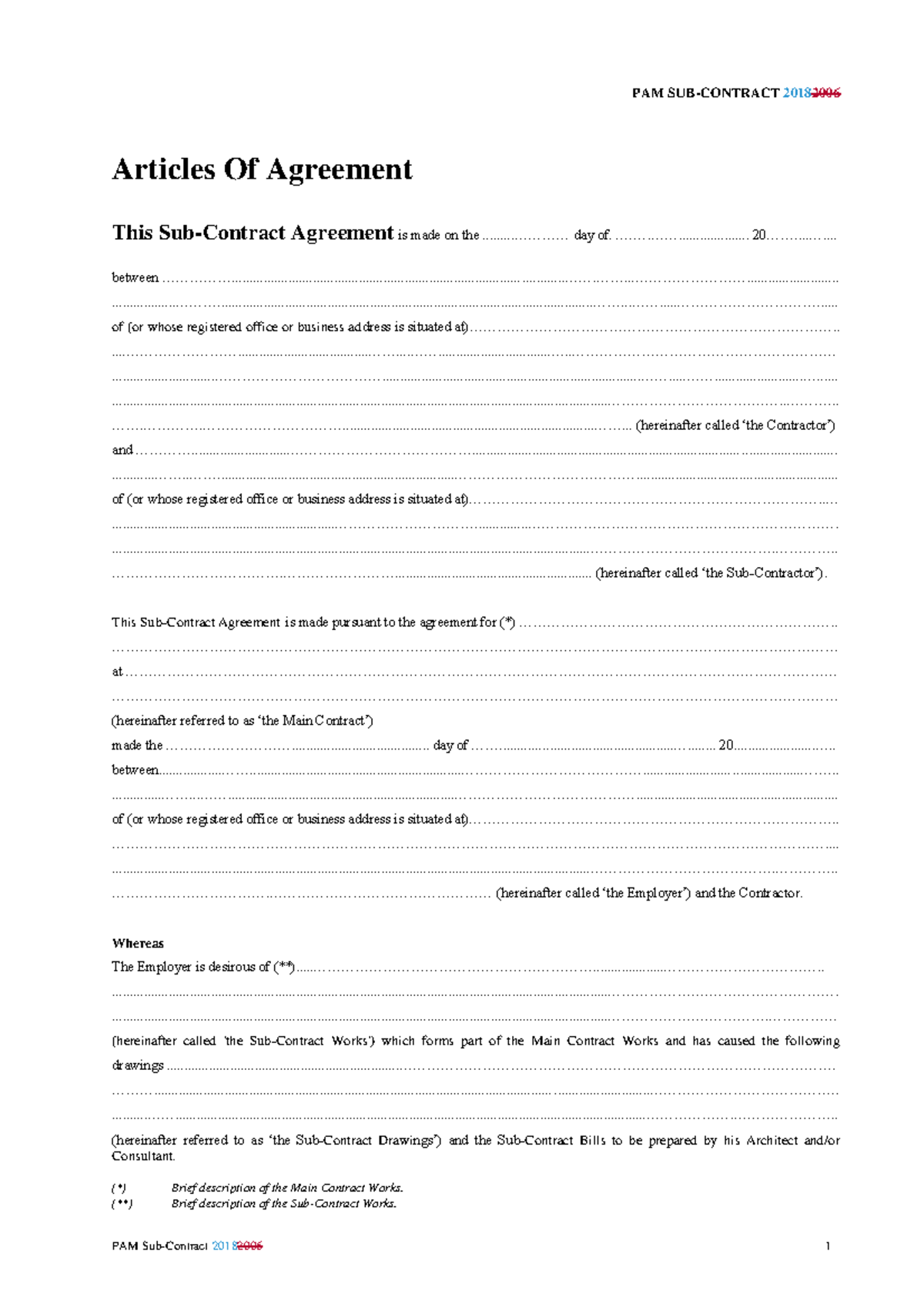 PAM 2018 Sub-Contract Agreement Template for Reference - Studocu