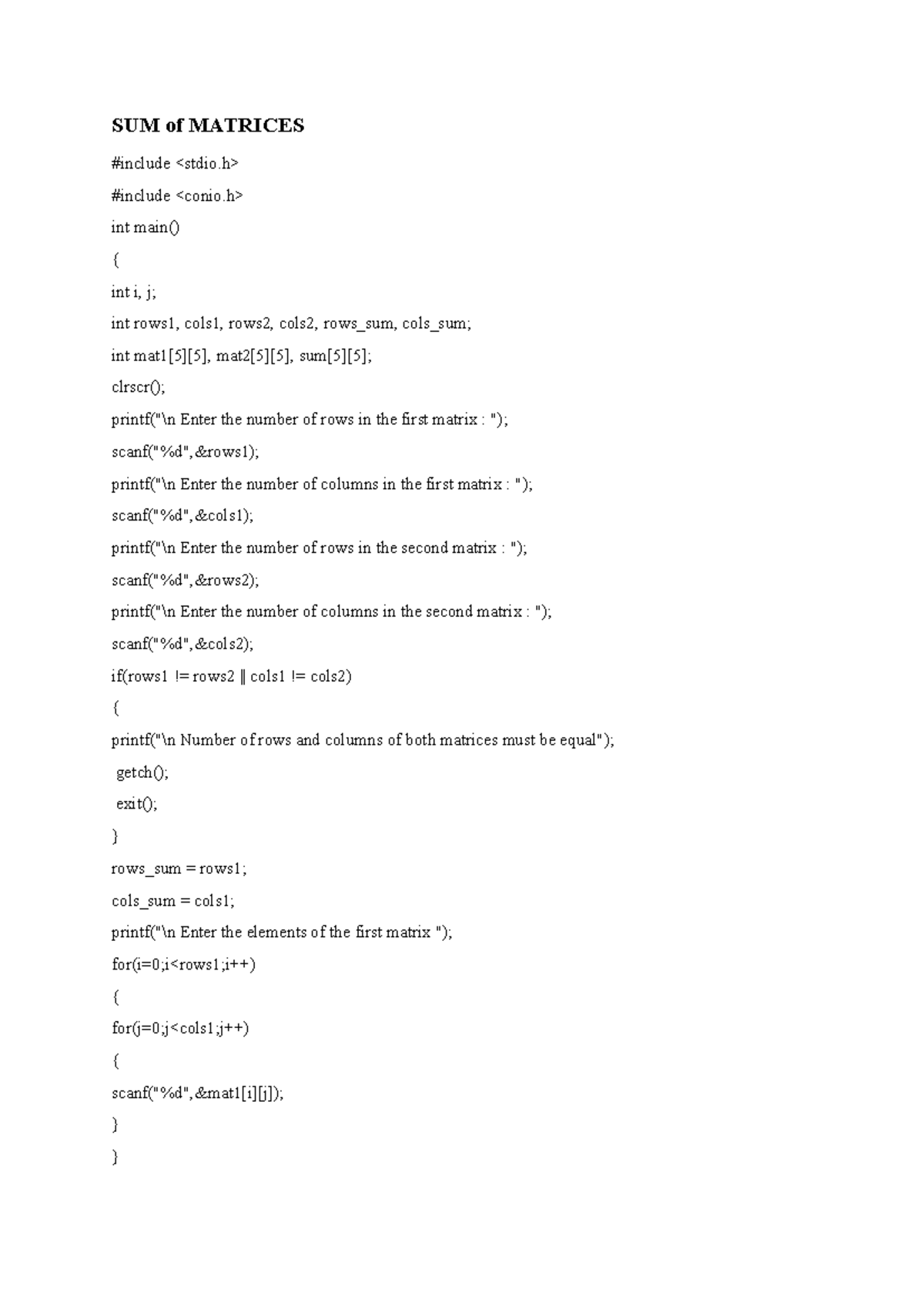 Matrix Operations Program - Biotech (SUM & MULTIPLICATION) - Studocu