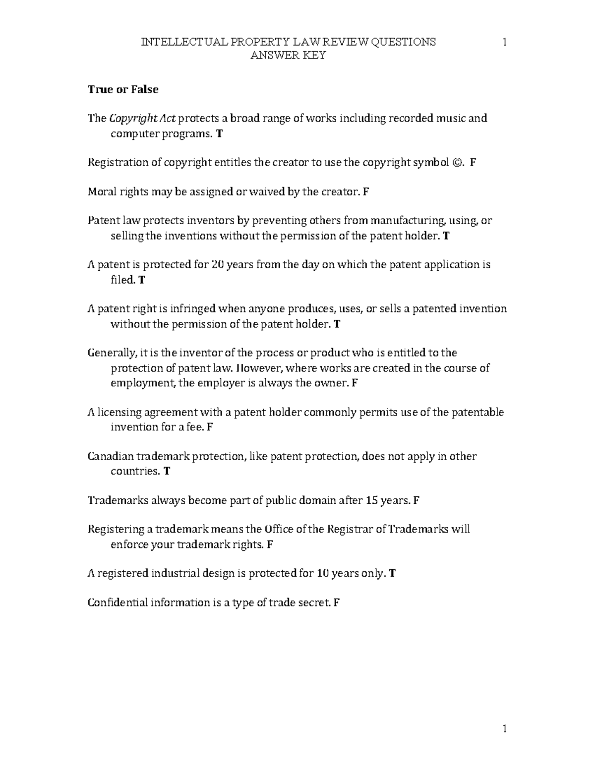 INTELLECTUAL PROPERTY LAW REVIEW QUESTIONS ANSWER KEY (IP LAW 101 ...