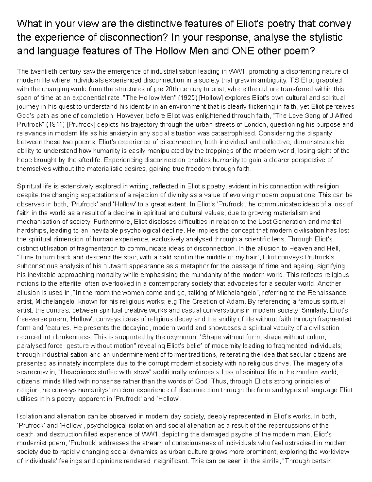 Practice Mod B Essay - Analyzing Disconnection in Eliot's Poetry - Studocu