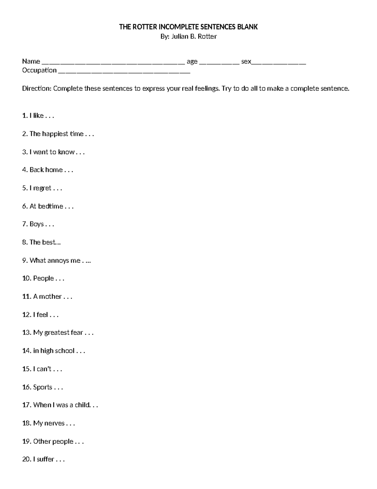 Rotter Incomplete Sentences Blank Exercise for Self-Reflection - Studocu