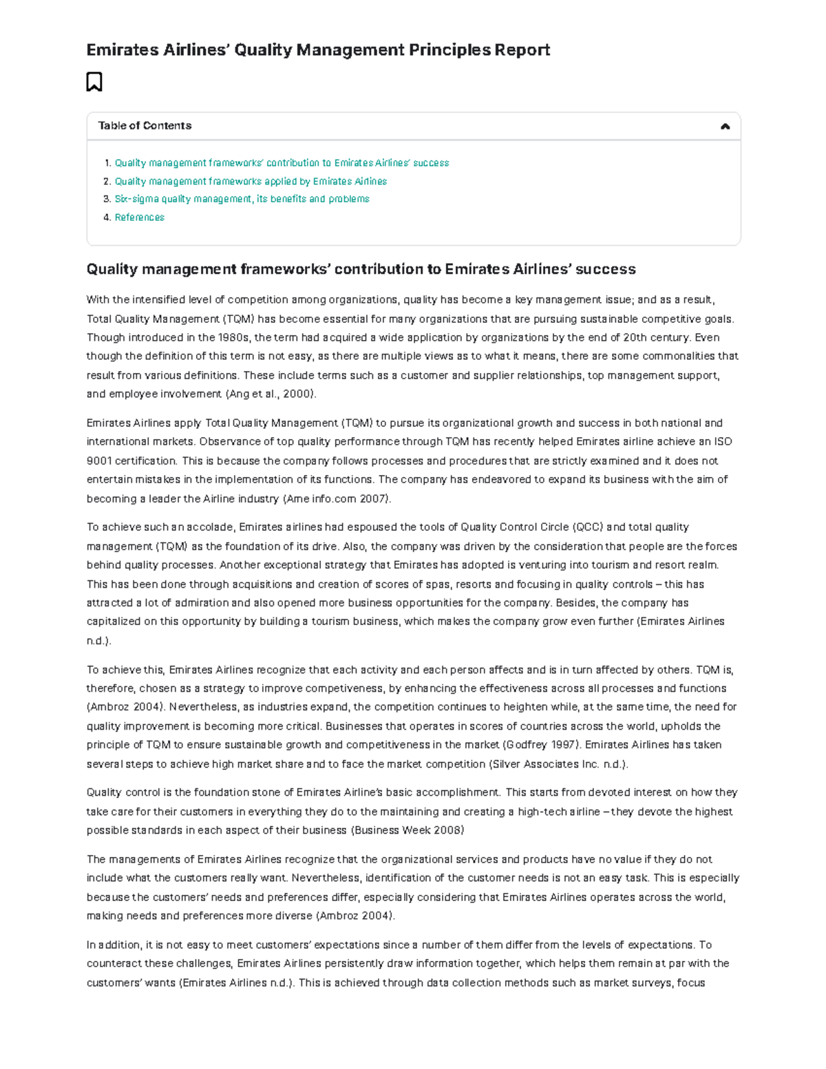 Emirates Airlines Quality Management Principles Report (QMT 101) - Studocu