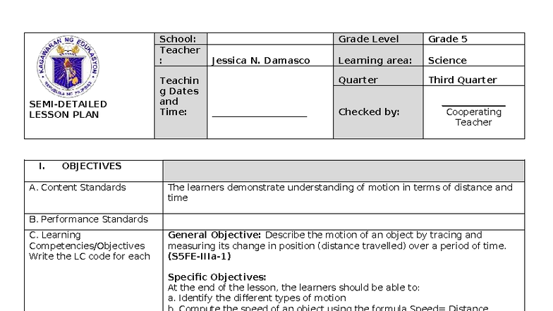 Science 5 Lesson Plan: Measuring Motion - Distance & Time - Studocu
